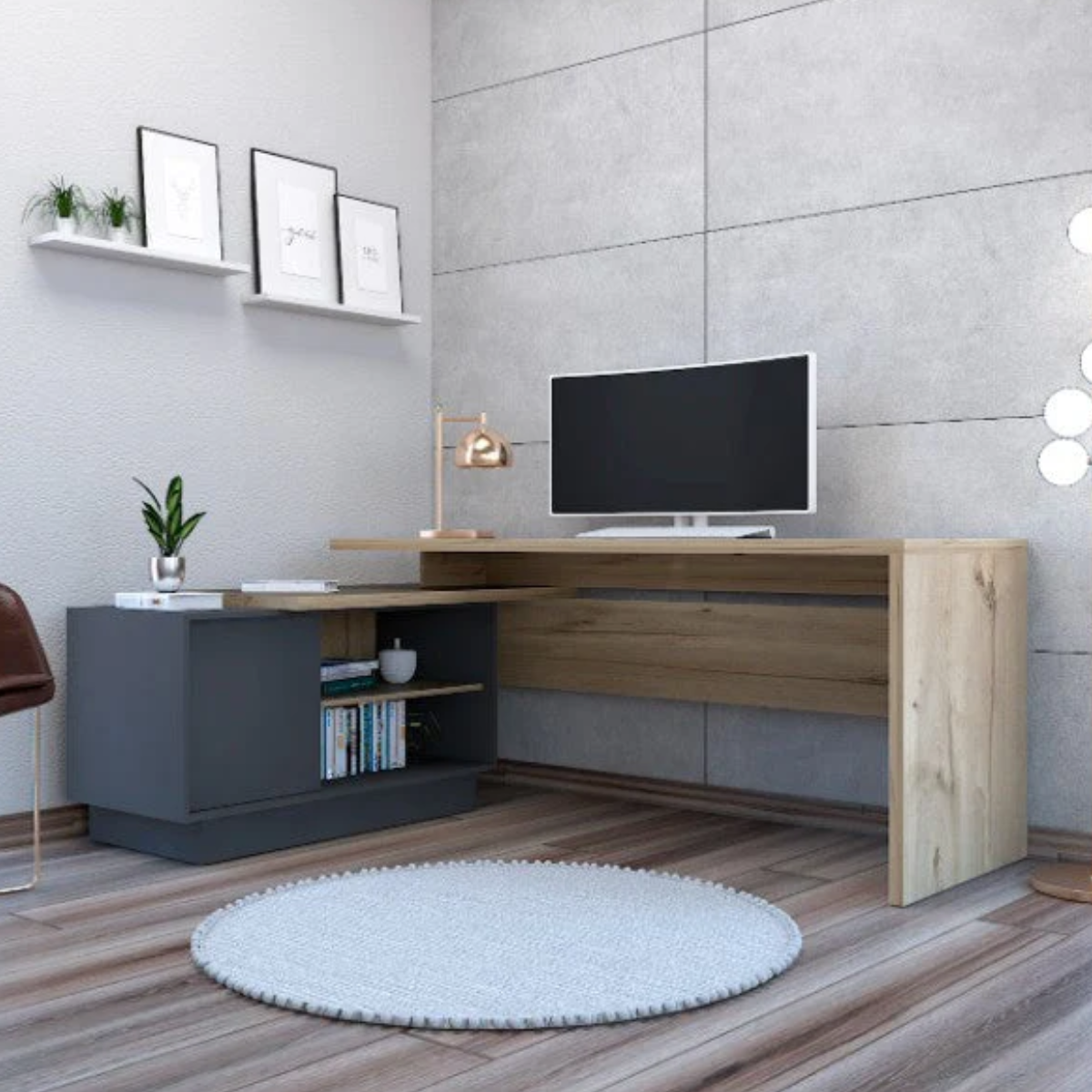 Escritorio En L + 1 Puerta + Repisas Office W-179 - Duna / Plomo ...